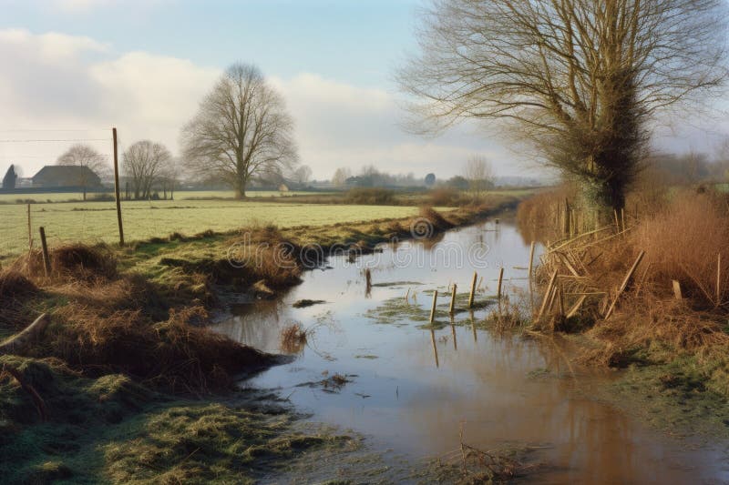 Overflowing River Banks Near Submerged Fields Stock Illustration ...