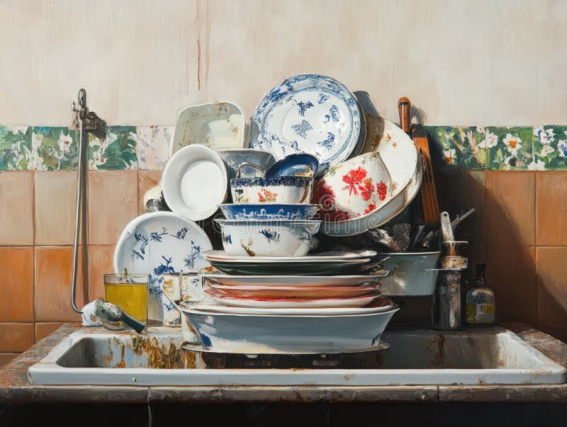 Overflowing Stack of Colorful Dishes in a Rustic Sink Stock Photo ...