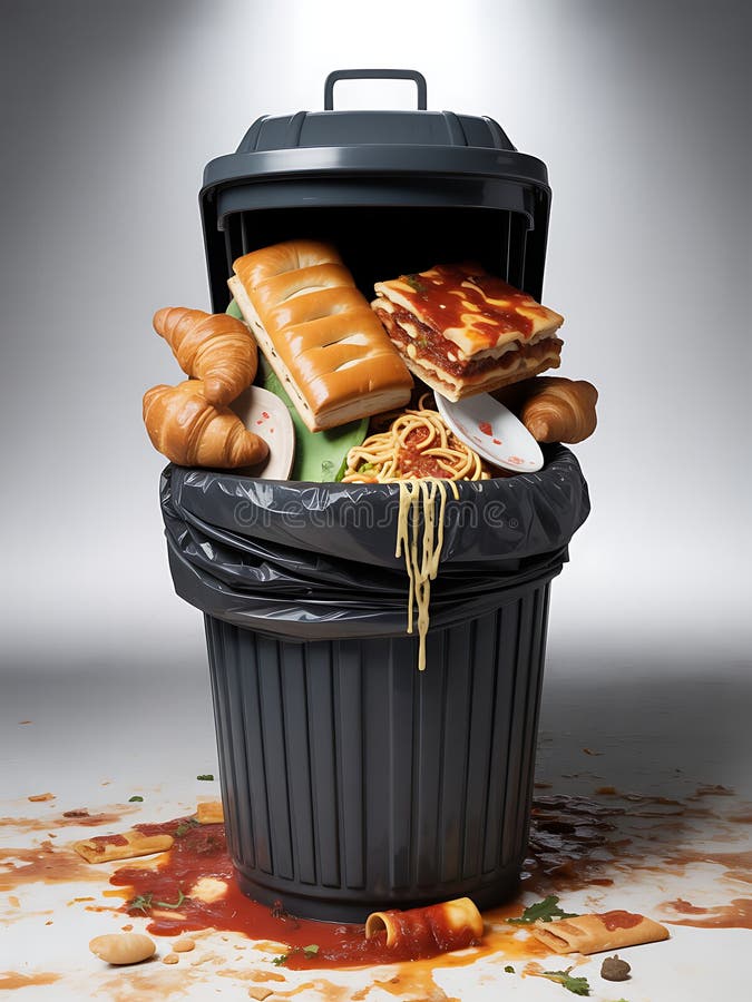 Overflowing Trash Bin with Discarded Pizza, Bread, and Pasta Stock ...