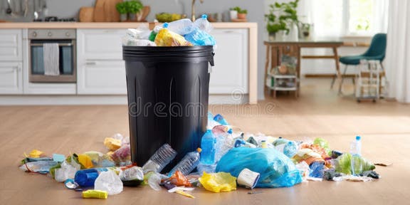 The Overflowing Trash Bin Surrounded by Plastic Waste in a Modern ...