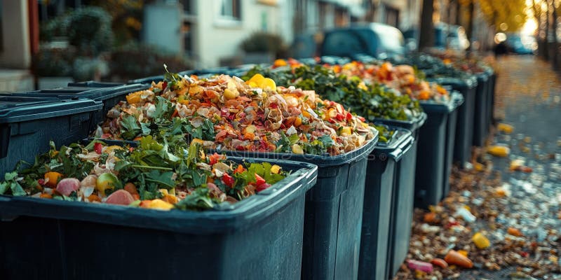 Overflowing Trash Bins Filled Food Scraps Line Street Highlighting ... Overflowing Trash Bins Filled Food Scraps Line Street Highlighting ...