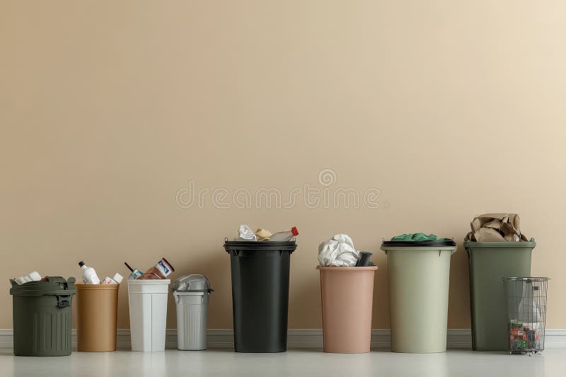 Overflowing Trash Bins by Wall Stock Illustration - Illustration of ...