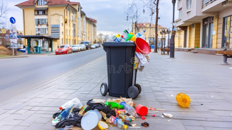 Overflowing Trash Can on City Street Illustrates Pollution Problem ...