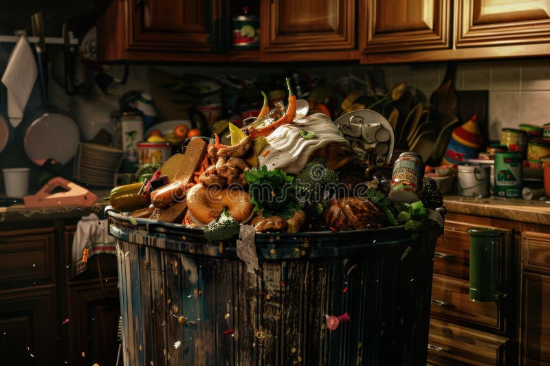 Overflowing Trash Can in a Messy Kitchen Environment Highlighting Waste ...