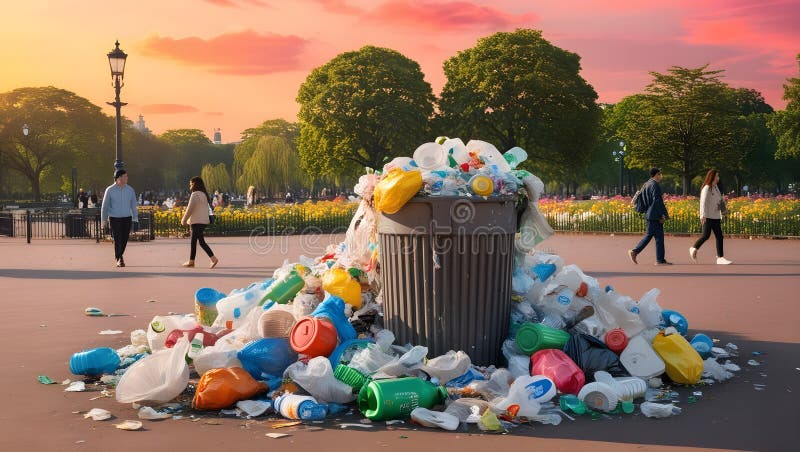 Overflowing Trash Can in Park at Sunset. Stock Photo - Image of people ...