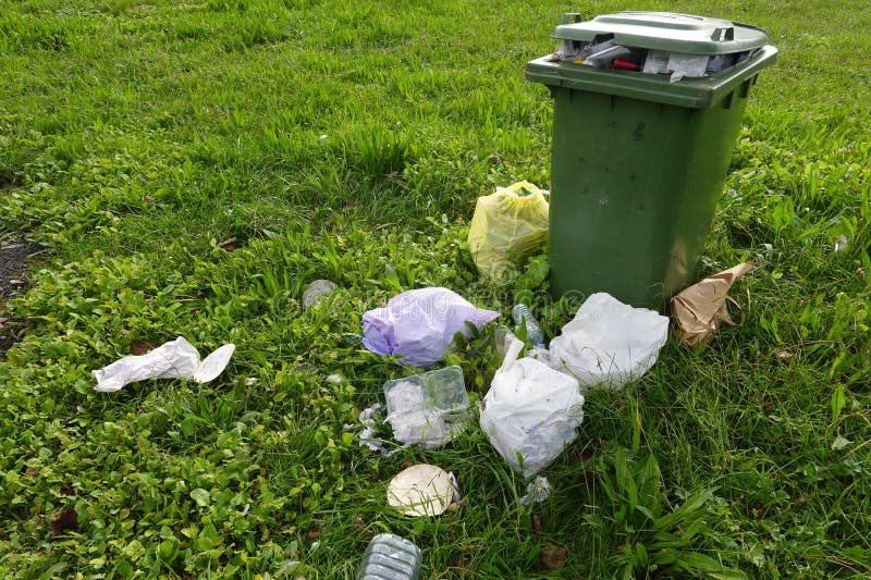 Overflowing Trash Can Polluting Green Grass in Public Park Stock Image ... Overflowing Trash Can Polluting Green Grass in Public Park Stock Image ...