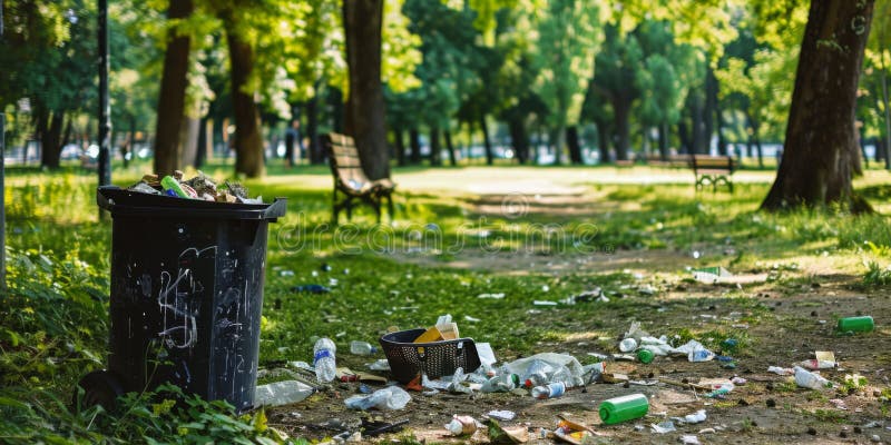 Trash Can in a Public Park, with Litter Scattered Around it Created ...