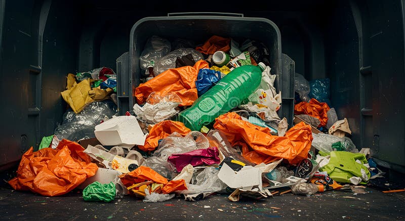 Overflowing Trash Container Filled with Various Waste Materials Indoors ...