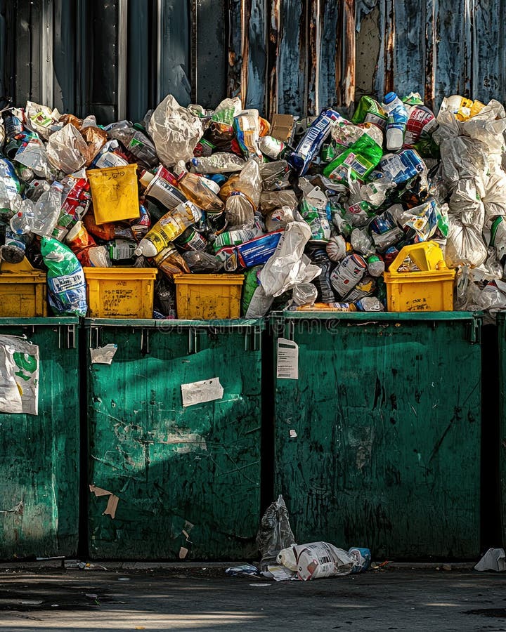 Overflowing Waste Bins Filled with Plastic and Recyclable Materials ...