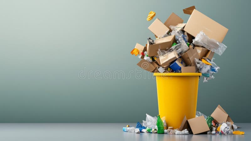 Overflowing Yellow Trash Can Illustrating Waste Management Issues Stock ...