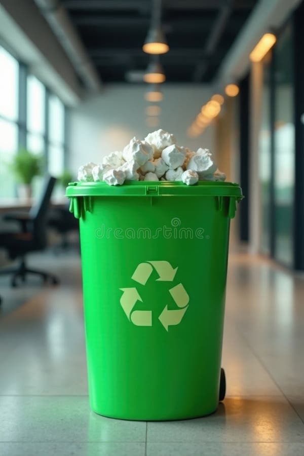 Overfull Green Recycling Bin Modern Office Setting Recycling Bin ...