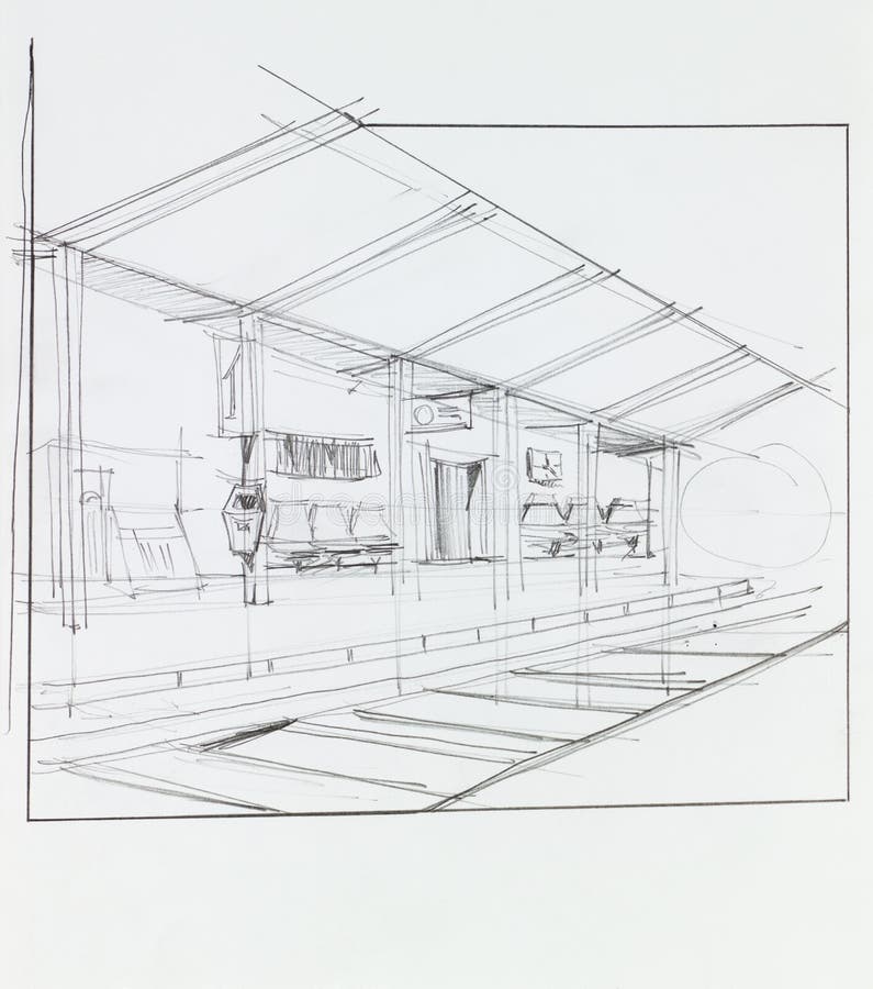 Overground train station stock illustration. Illustration of pencil ...