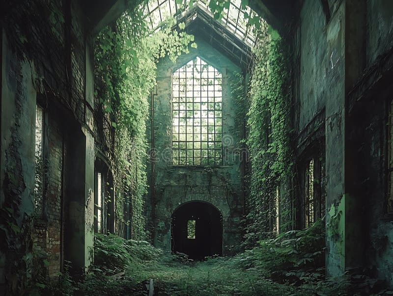 Overgrown Abandoned Building with a Large Window Stock Illustration ...