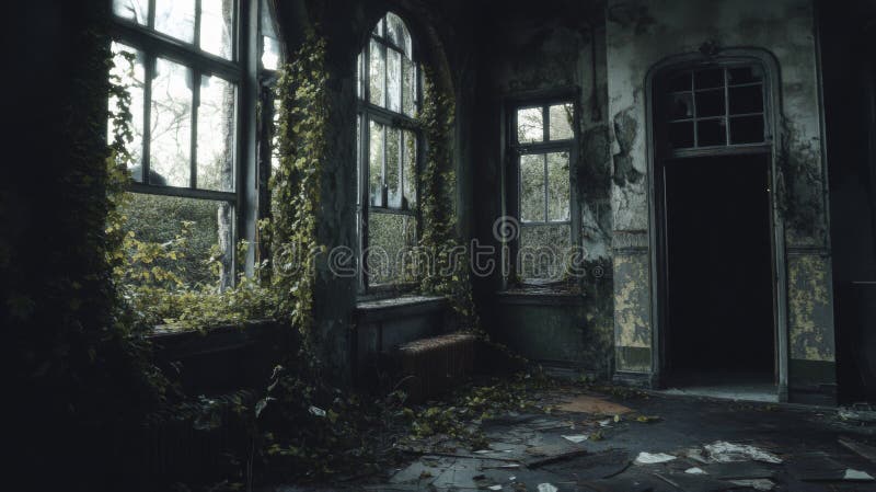 Overgrown Abandoned Room with Windows and a Doorway Stock Illustration ...