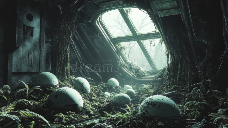 Overgrown Alien Spaceship Interior with Mysterious Egg-like Objects ...
