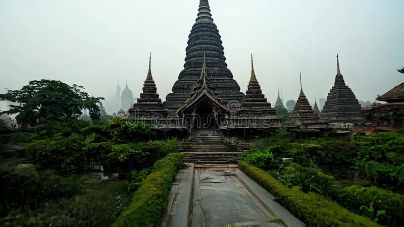 Overgrown Ancient Asian Temple Complex with Multiple Pagodas and Lush ...