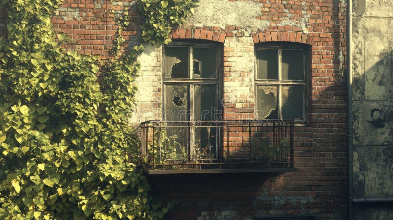 Overgrown Brick Building with Broken Windows and Balcony Stock ...