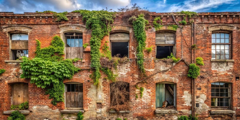 Overgrown Brick Building Facade with Multiple Windows and Vines ...