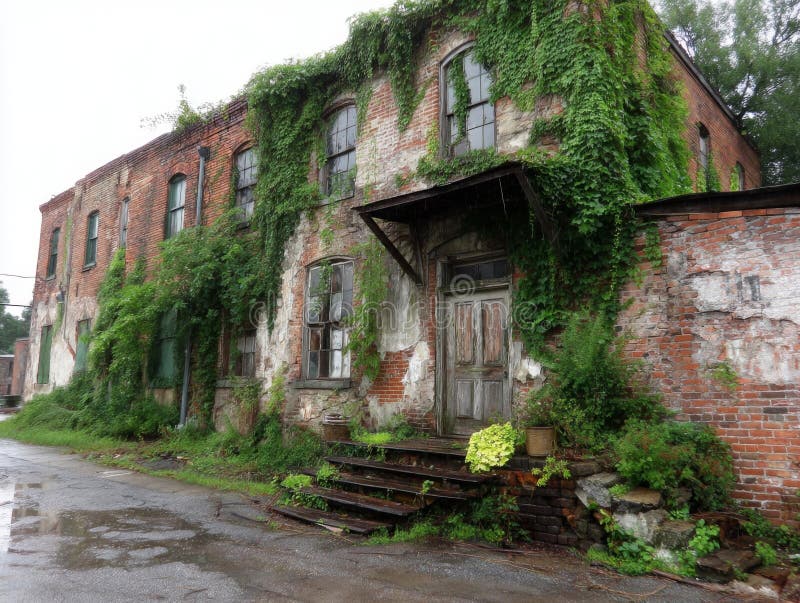 Overgrown Brick Building with Ivy and Stone Steps Stock Illustration ...