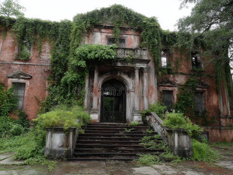 Overgrown Brick Ruin with Ivy Covered Walls and Stone Steps Stock ...