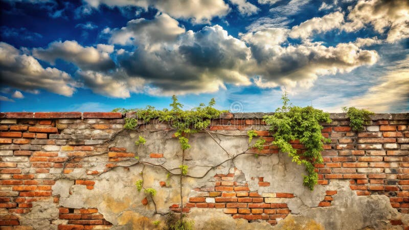 Overgrown Brick Wall Under a Dramatic Sky a Textured Scene of Nature ...