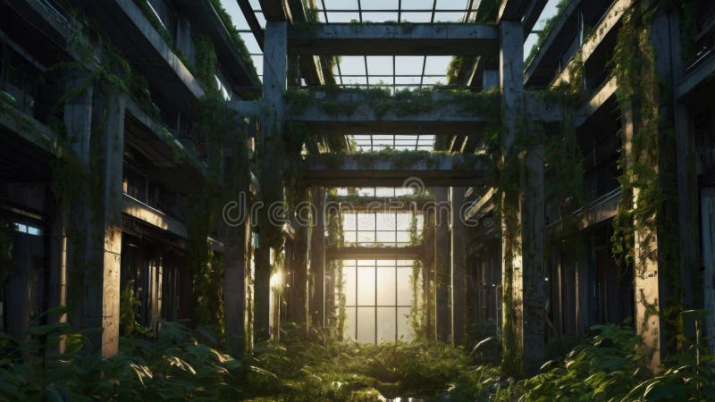 Overgrown Building with Sunlight Streaming through the Windows Stock ...