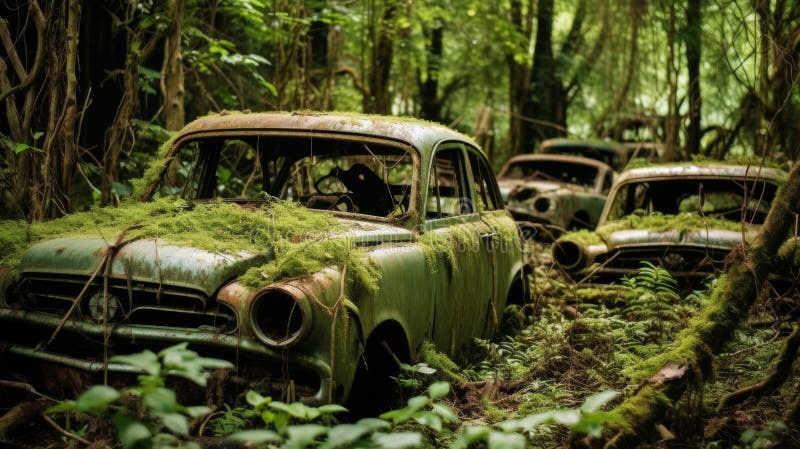 Overgrown Car Junkyard Eerie View Stock Illustration - Illustration of ...