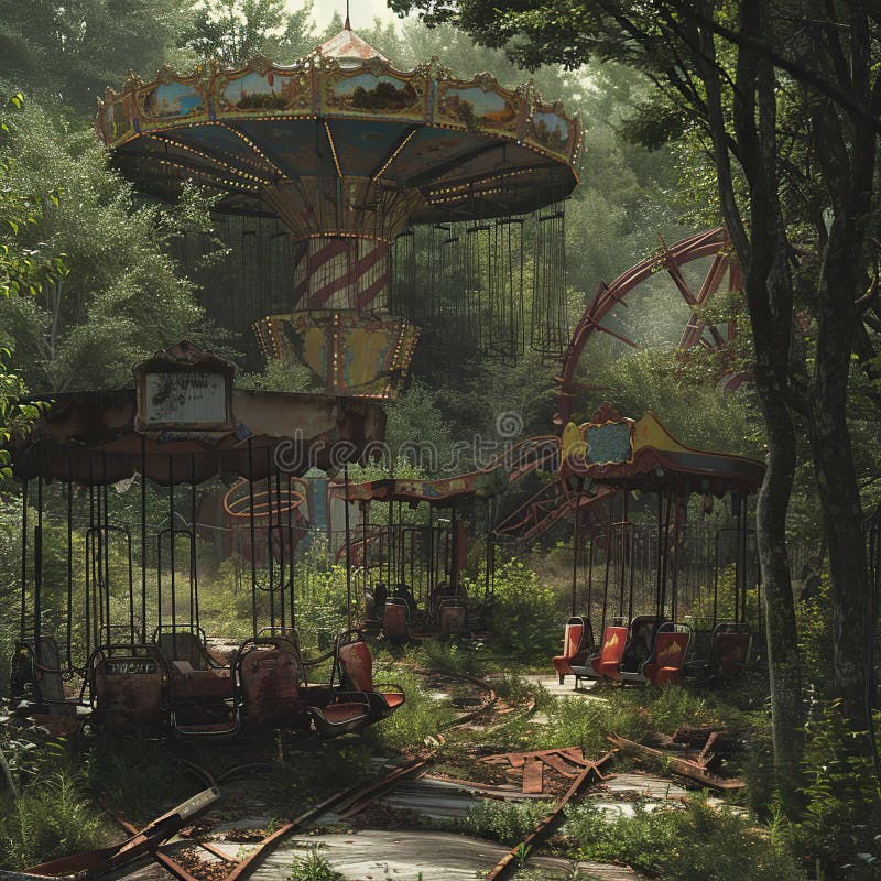 Overgrown Carousel and Roller Coaster in Abandoned Amusement Park Stock Photo - Image of ...