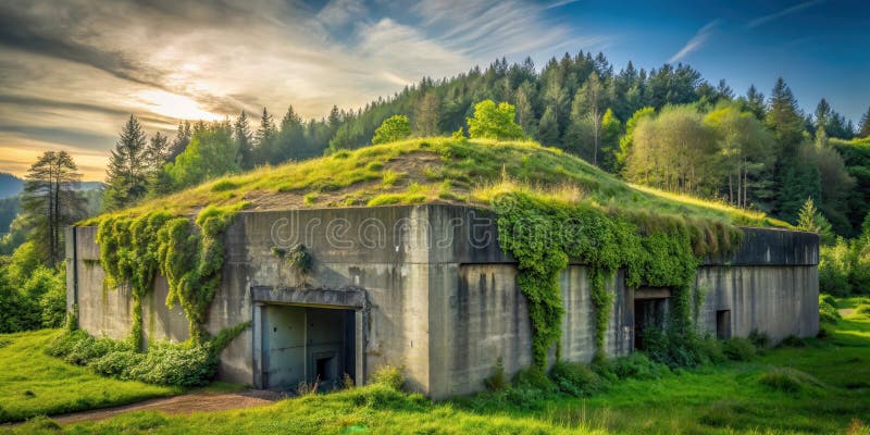 Overgrown Concrete Structure in a Verdant Forest Setting at Sunset ...