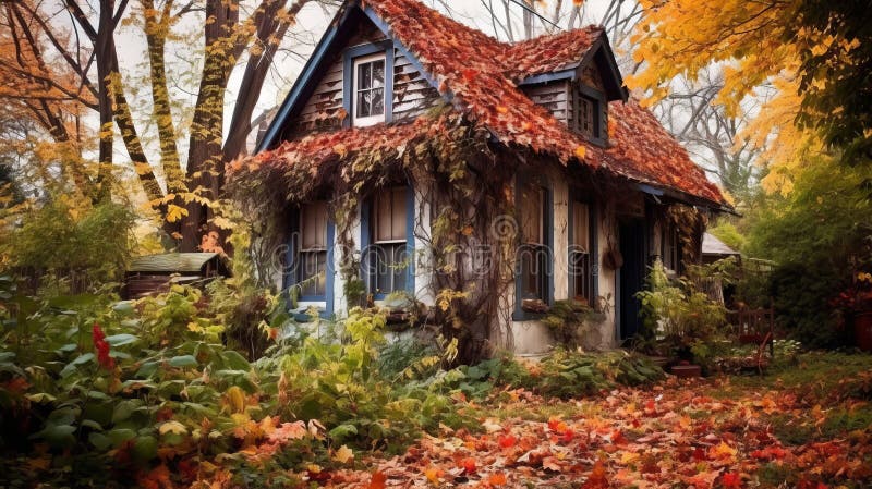 Overgrown Cottage Amidst Autumn Leaves Stock Illustration ...