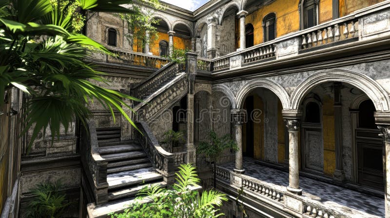 Overgrown Courtyard of an Old Colonial Mansion Stock Illustration ...