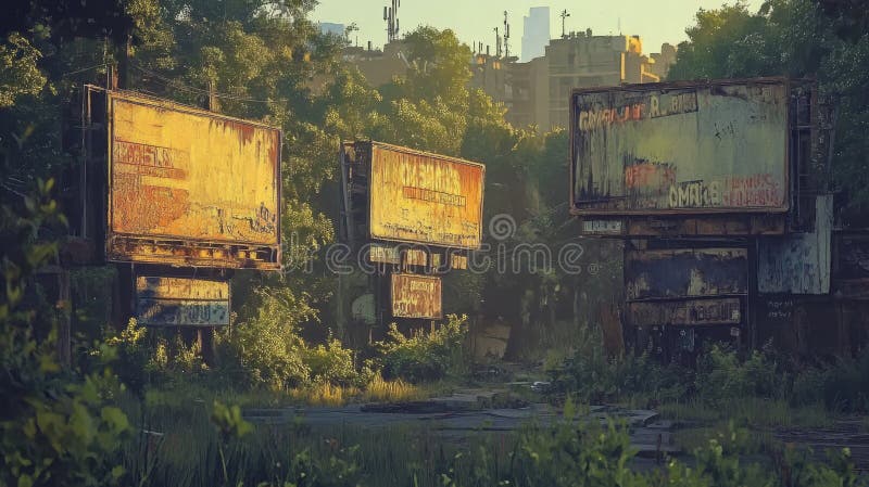 Overgrown Dilapidated Billboards Amid Urban Decay at Sunset Stock ...