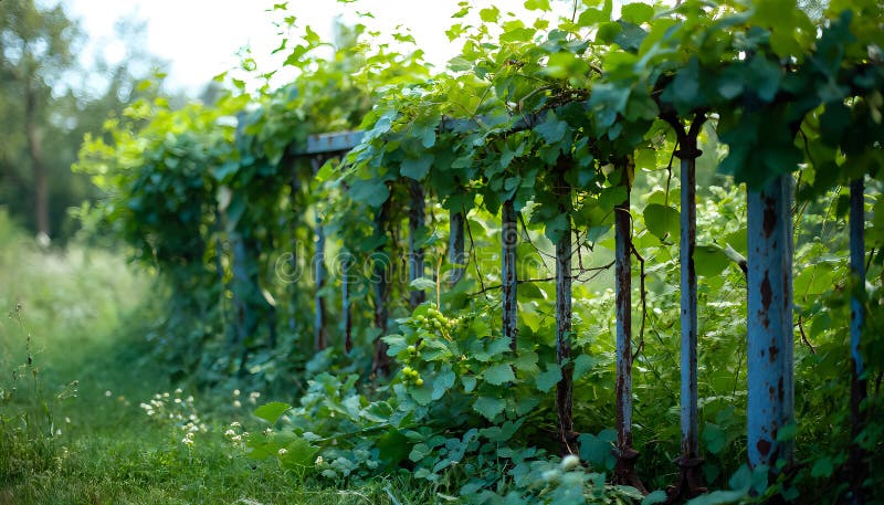 Overgrown Fence with Climbing Grapes Around the Site Stock Illustration ...