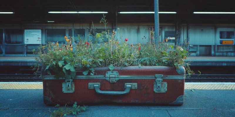 An Overgrown Flowerbed Spilling Out from a Discarded Suitcase Left on a ...