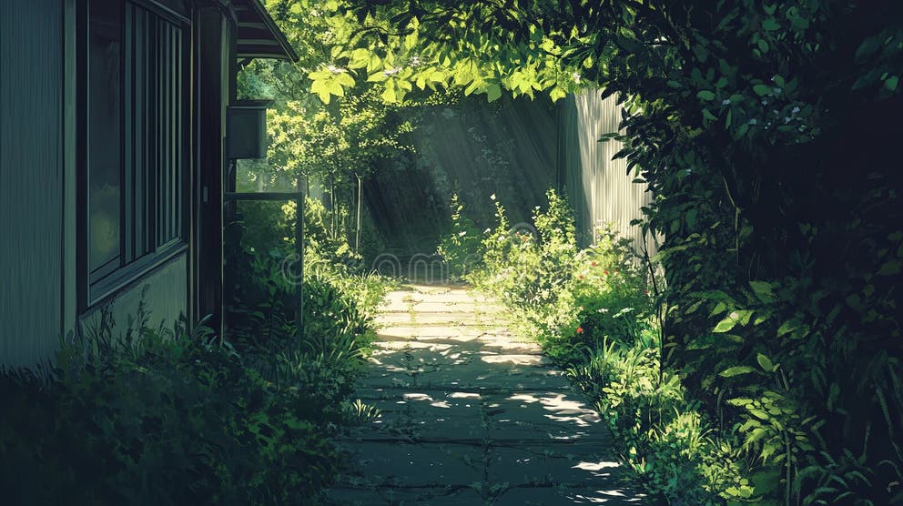 Overgrown Garden Path, Weeds, Light through Trees. Stock Image - Image ...
