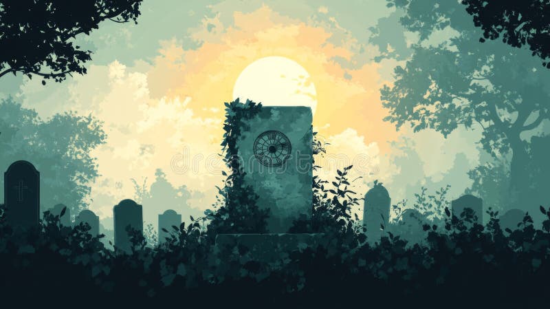 Overgrown Grave at Sunset in Pixel Art Cemetery Stock Illustration ...