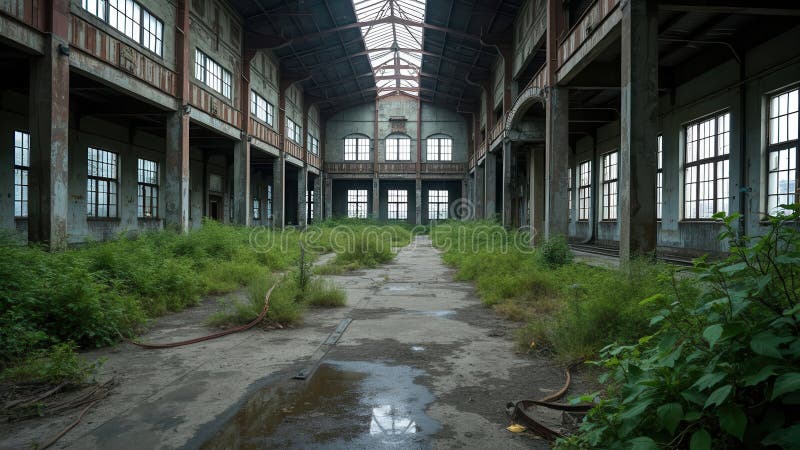 Overgrown Interior of Abandoned Industrial Building with Tall Windows ...