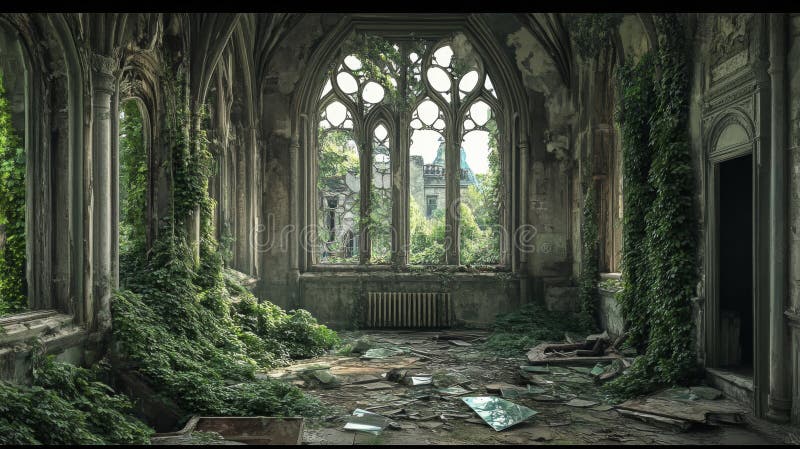 Overgrown Interior of a Decaying Gothic Building with a View of Trees ...