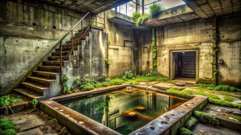 Overgrown Interior with Still Water and Rusted Staircase. Generative AI ...