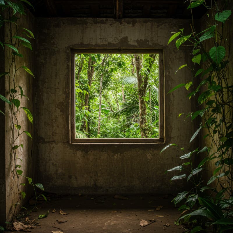 Overgrown Jungle Window in Abandoned Stone Ruins Stock Illustration ...