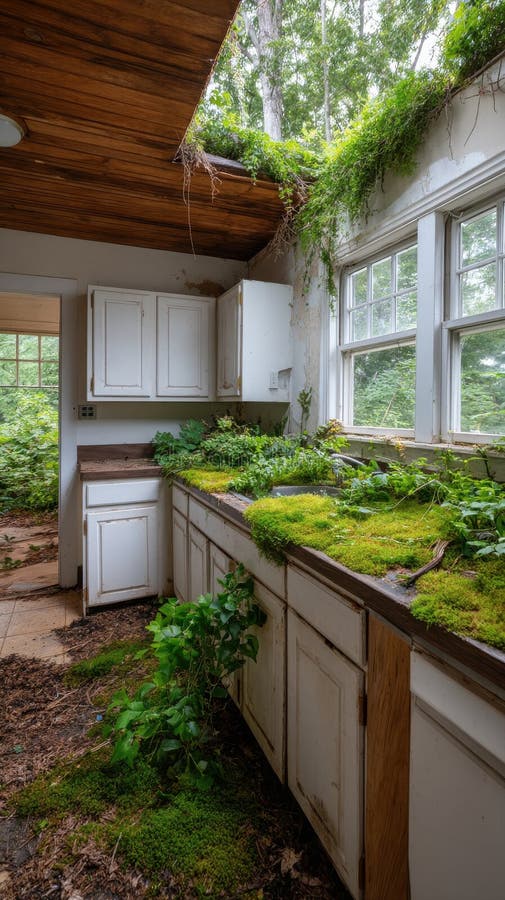Overgrown Kitchen Interior with Plants and Moss Covering Counters and ...