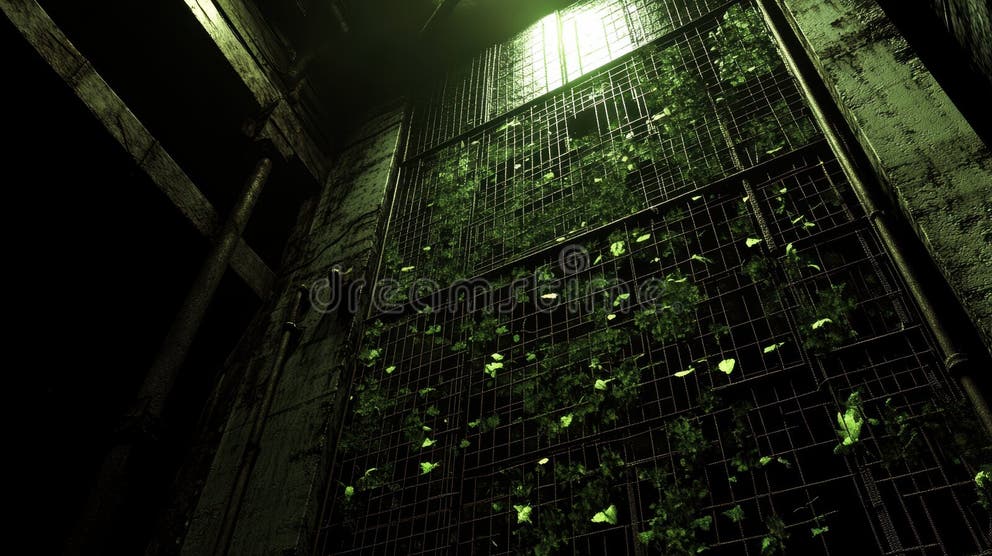Overgrown Metal Grid in Dark Abandoned Structure Stock Illustration ...
