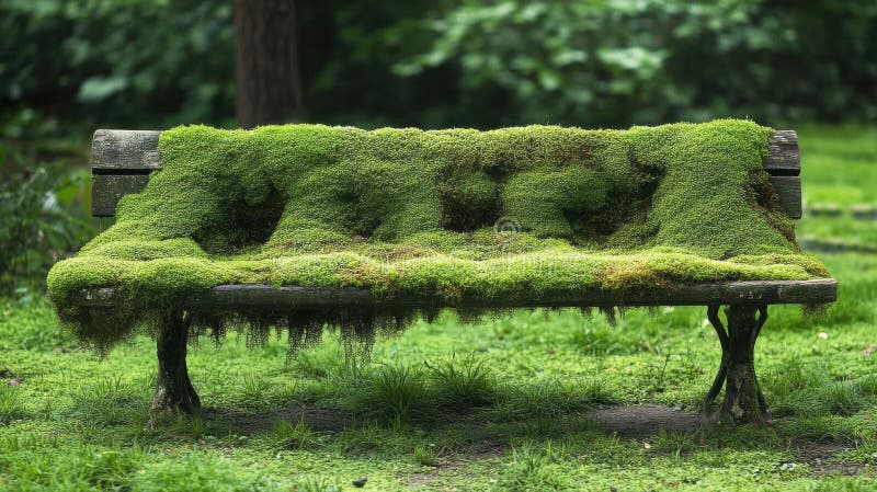 Overgrown Park Bench Covered in Vibrant Green Moss in Lush Forest Stock ...