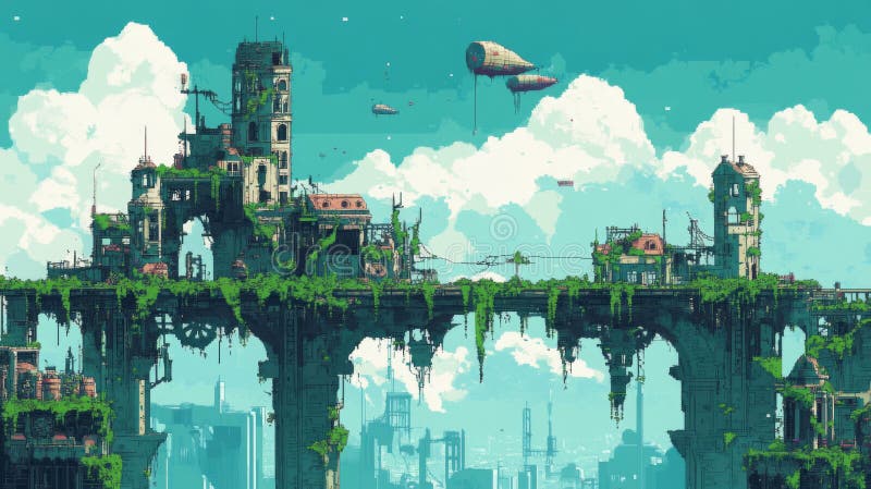 Overgrown Pixel Art City Ruins on a Floating Island Stock Illustration ...