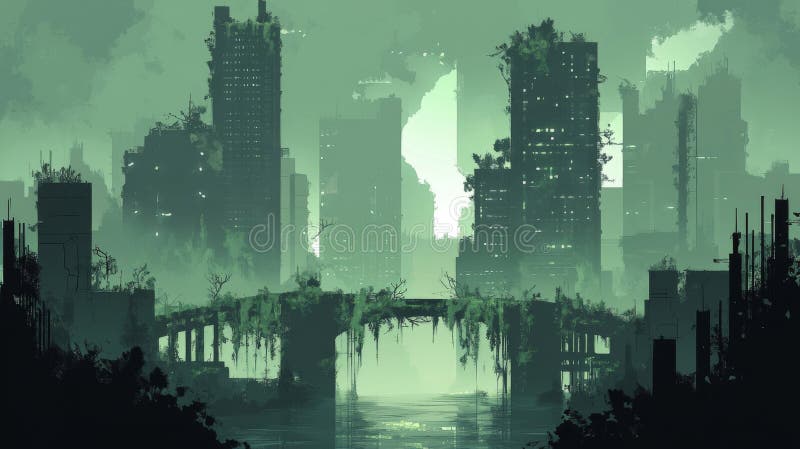 Overgrown Post Apocalyptic City Ruins Stock Illustration - Illustration ...