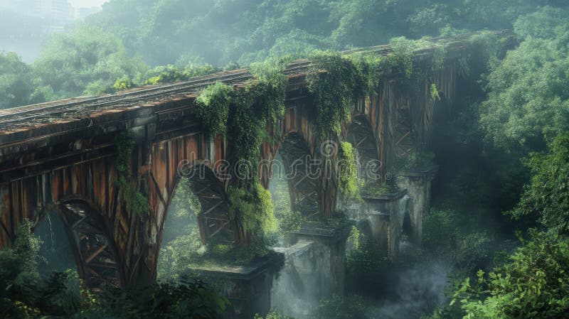 Overgrown Railroad Bridge in a Foggy Forest Stock Illustration ...