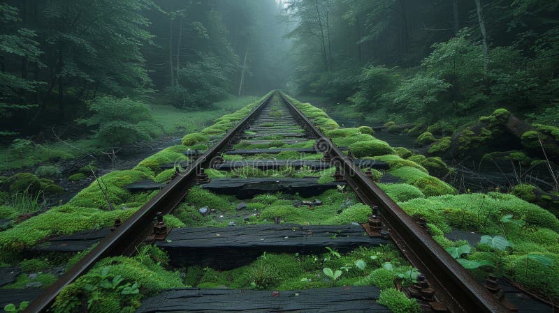 Overgrown Railroad Tracks Disappear into a Misty, Green Forest Stock ...