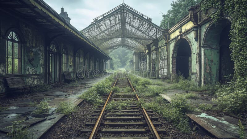 Overgrown Railway Tracks Leading through a Ruined Train Station Stock ...