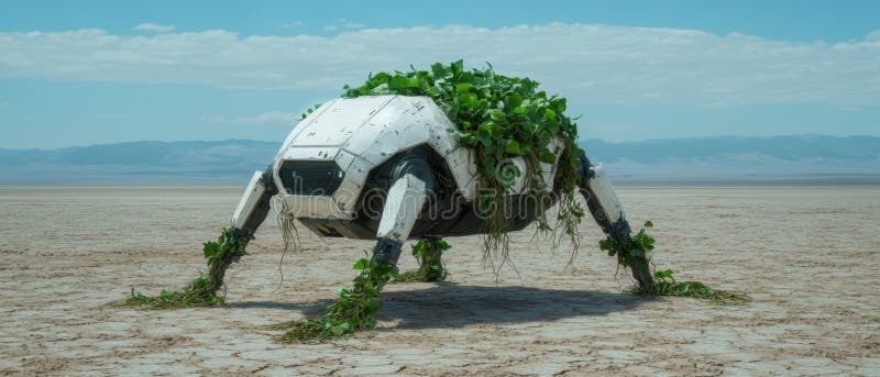 Overgrown Robot in Desert Landscape Stock Illustration - Illustration ...