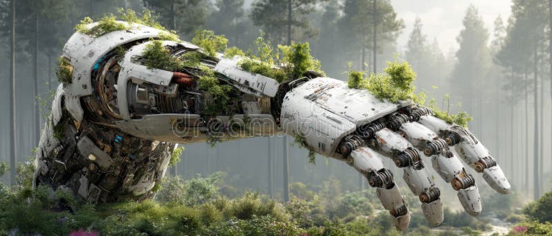 Overgrown Robotic Arm in Lush Forest Setting Stock Illustration ...